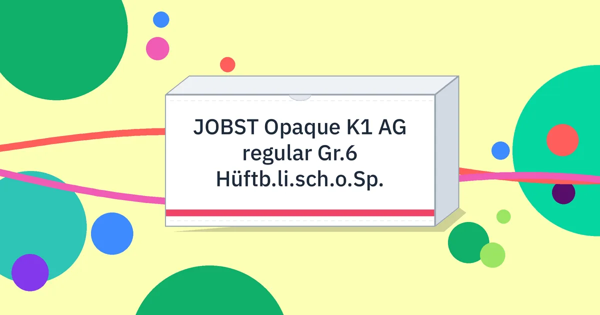 Symbolbild: Packung mit der Aufschrift JOBST Opaque K1 AG regular Gr.6 Hüftb.li.sch.o.Sp. (PZN 13100312) – Verfügbarkeit und Bezug in Apotheken in Frankfurt am Main
