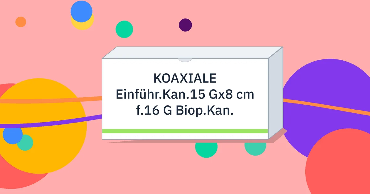 Symbolbild: Packung mit der Aufschrift KOAXIALE Einführ.Kan.15 Gx8 cm f.16 G Biop.Kan. (PZN 06903708) – Verfügbarkeit und Bezug in Apotheken in Frankfurt am Main