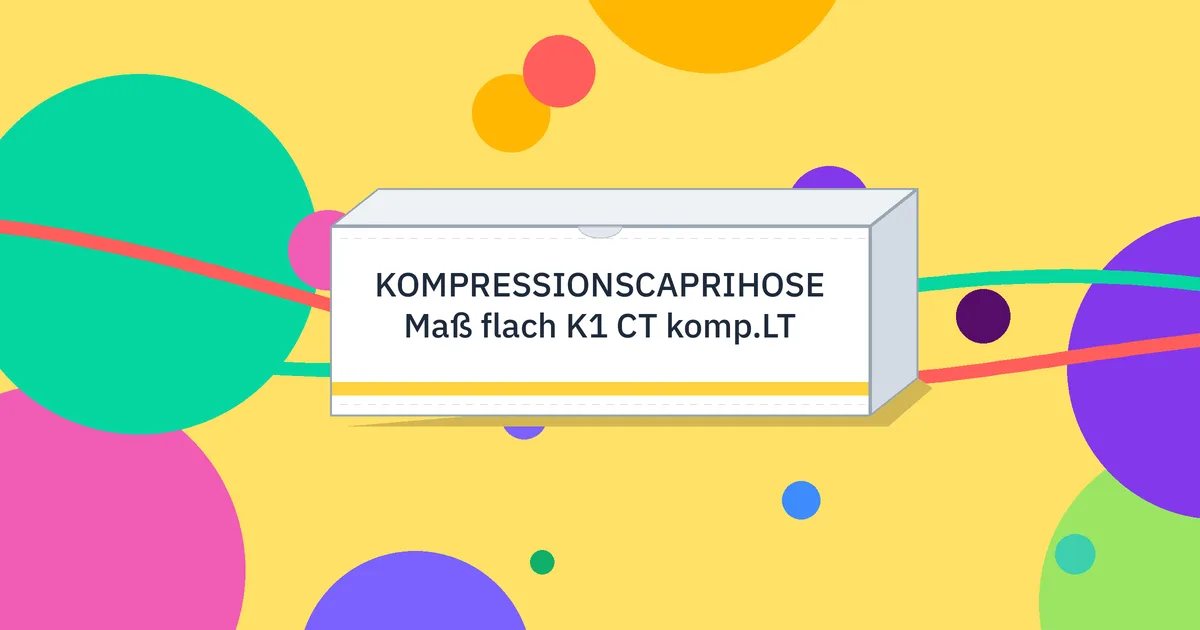 Symbolbild: Packung mit der Aufschrift KOMPRESSIONSCAPRIHOSE Maß flach K1 CT komp.LT (PZN 19997929) – Verfügbarkeit und Bezug in Apotheken in Frankfurt am Main