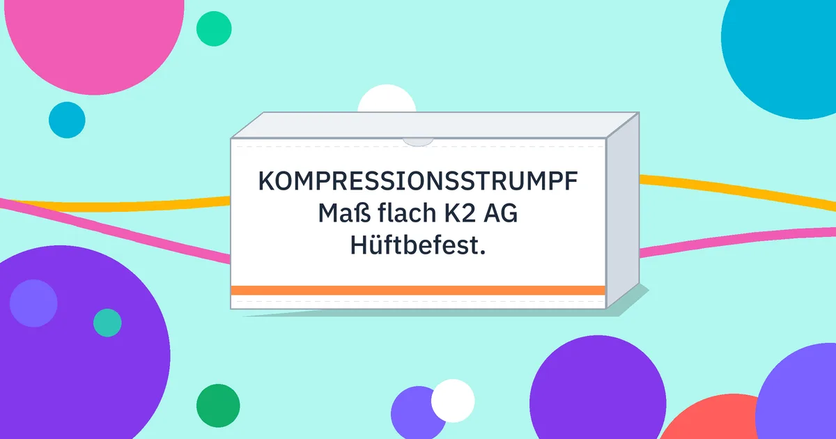 Symbolbild: Packung mit der Aufschrift KOMPRESSIONSSTRUMPF Maß flach K2 AG Hüftbefest. (PZN 16745417) – Verfügbarkeit und Bezug in Apotheken in Frankfurt am Main