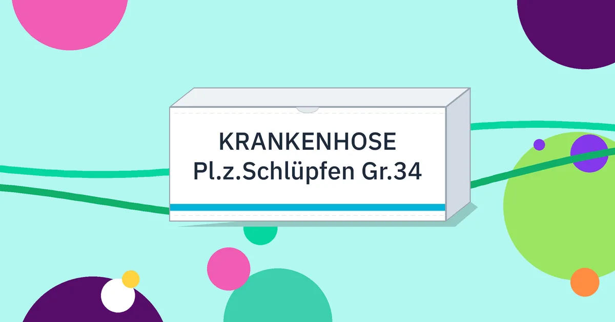 Symbolbild: Packung mit der Aufschrift KRANKENHOSE Pl.z.Schlüpfen Gr.34 (PZN 01979641) – Verfügbarkeit und Bezug in Apotheken in Frankfurt am Main