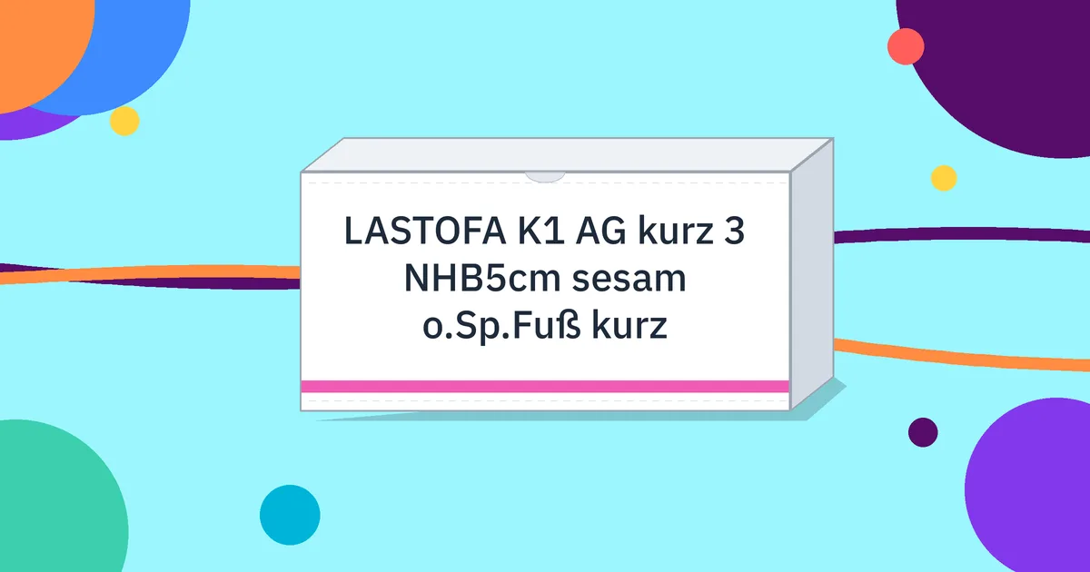 Symbolbild: Packung mit der Aufschrift LASTOFA K1 AG kurz 3 NHB5cm sesam o.Sp.Fuß kurz (PZN 13791411) – Verfügbarkeit und Bezug in Apotheken in Frankfurt am Main