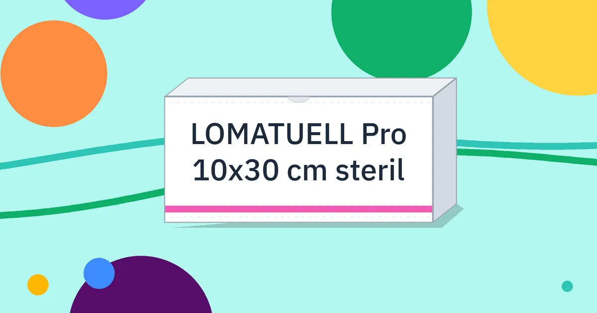 Symbolbild: Packung mit der Aufschrift LOMATUELL Pro 10x30 cm steril (PZN 17310489) – Verfügbarkeit und Bezug in Apotheken in Frankfurt am Main
