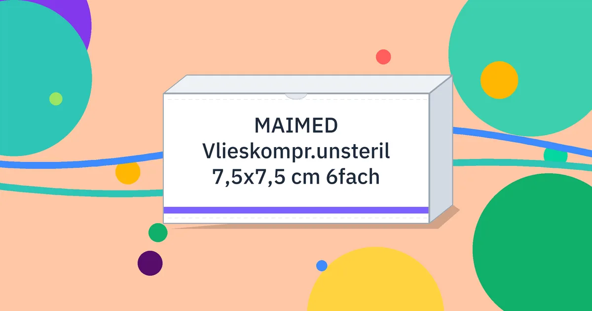Symbolbild: Packung mit der Aufschrift MAIMED Vlieskompr.unsteril 7,5x7,5 cm 6fach (PZN 02306559) – Verfügbarkeit und Bezug in Apotheken in Frankfurt am Main