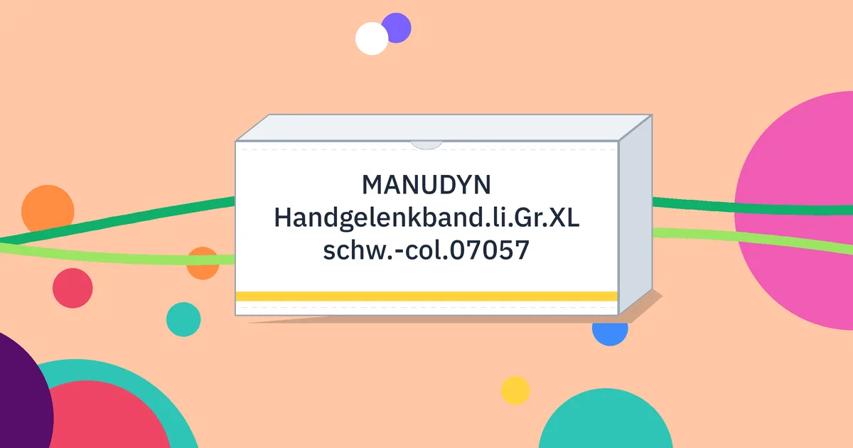 Symbolbild: Packung mit der Aufschrift MANUDYN Handgelenkband.li.Gr.XL schw.-col.07057 (PZN 06727246) – Verfügbarkeit und Bezug in Apotheken in Frankfurt am Main