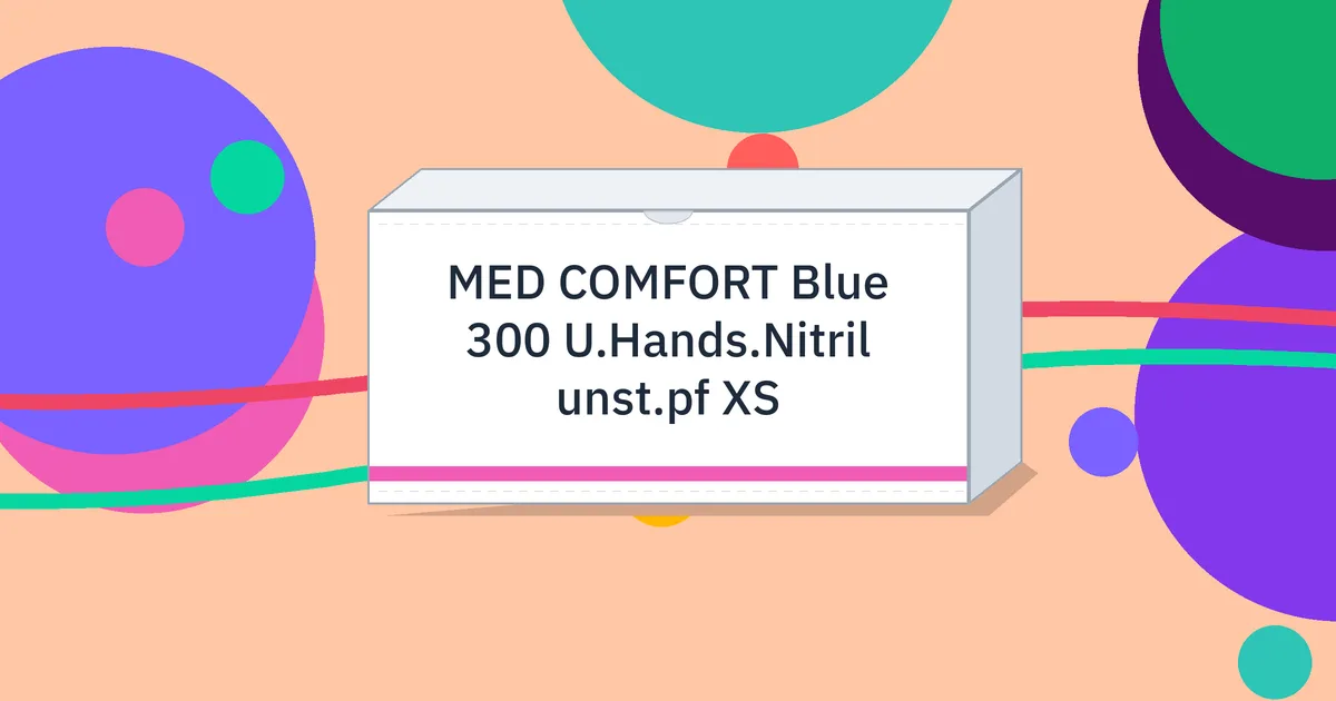 Symbolbild: Packung mit der Aufschrift MED COMFORT Blue 300 U.Hands.Nitril unst.pf XS (PZN 16795295) – Verfügbarkeit und Bezug in Apotheken in Frankfurt am Main