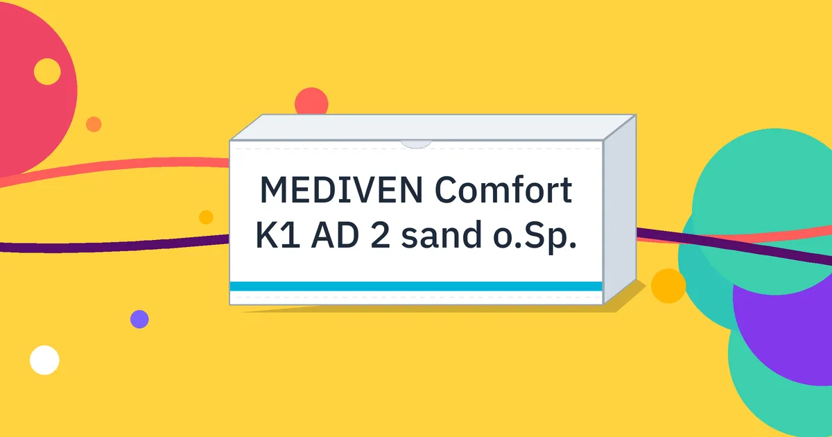 Symbolbild: Packung mit der Aufschrift MEDIVEN Comfort K1 AD 2 sand o.Sp. (PZN 19005678) – Verfügbarkeit und Bezug in Apotheken in Frankfurt am Main