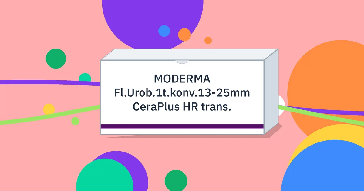 Symbolbild: Packung mit der Aufschrift MODERMA Fl.Urob.1t.konv.13-25mm CeraPlus HR trans. (PZN 16243124) – Verfügbarkeit und Bezug in Apotheken in Frankfurt am Main