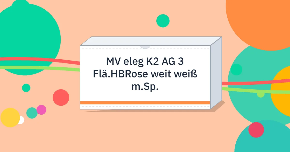 Symbolbild: Packung mit der Aufschrift MV eleg K2 AG 3 Flä.HBRose weit weiß m.Sp. (PZN 15721320) – Verfügbarkeit und Bezug in Apotheken in Frankfurt am Main