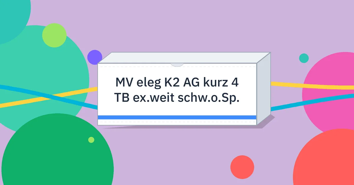 Symbolbild: Packung mit der Aufschrift MV eleg K2 AG kurz 4 TB ex.weit schw.o.Sp. (PZN 09880936) – Verfügbarkeit und Bezug in Apotheken in Frankfurt am Main