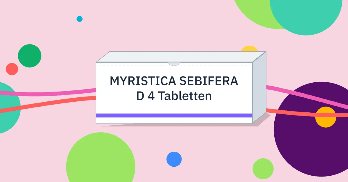 Symbolbild: Packung mit der Aufschrift MYRISTICA SEBIFERA D 4 Tabletten (PZN 02634074) – Verfügbarkeit und Bezug in Apotheken in Frankfurt am Main