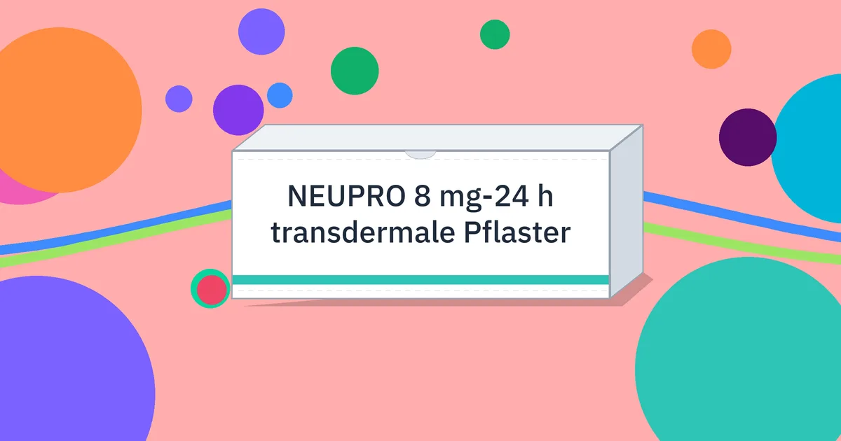 Symbolbild: Packung mit der Aufschrift NEUPRO 8 mg-24 h transdermale Pflaster (PZN 09781648) – Verfügbarkeit und Bezug in Apotheken in Frankfurt am Main