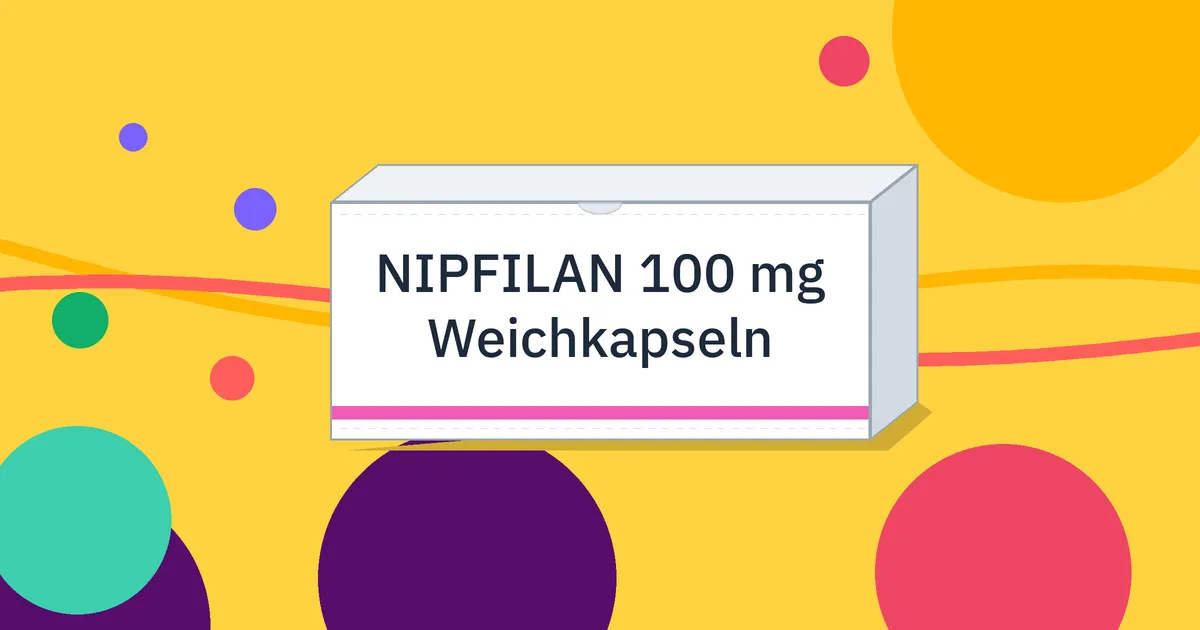 Symbolbild: Packung mit der Aufschrift NIPFILAN 100 mg Weichkapseln (PZN 19555203) – Verfügbarkeit und Bezug in Apotheken in Frankfurt am Main