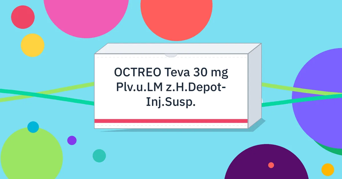 Symbolbild: Packung mit der Aufschrift OCTREO Teva 30 mg Plv.u.LM z.H.Depot-Inj.Susp. (PZN 18023007) – Verfügbarkeit und Bezug in Apotheken in Frankfurt am Main