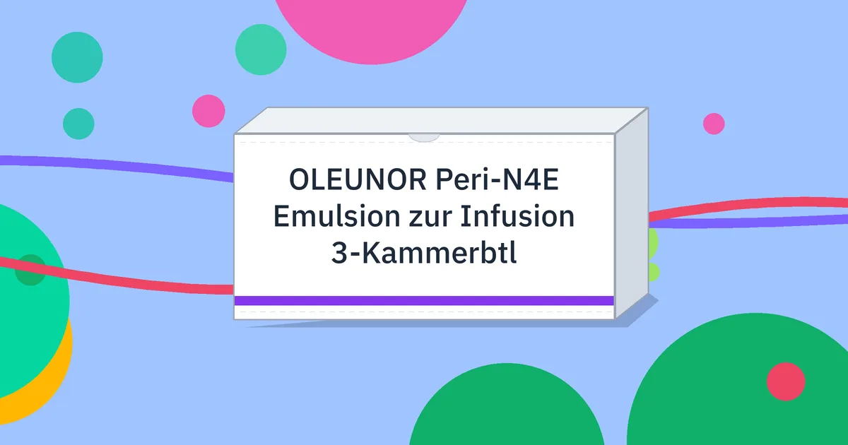 Symbolbild: Packung mit der Aufschrift OLEUNOR Peri-N4E Emulsion zur Infusion 3-Kammerbtl (PZN 17908821) – Verfügbarkeit und Bezug in Apotheken in Frankfurt am Main