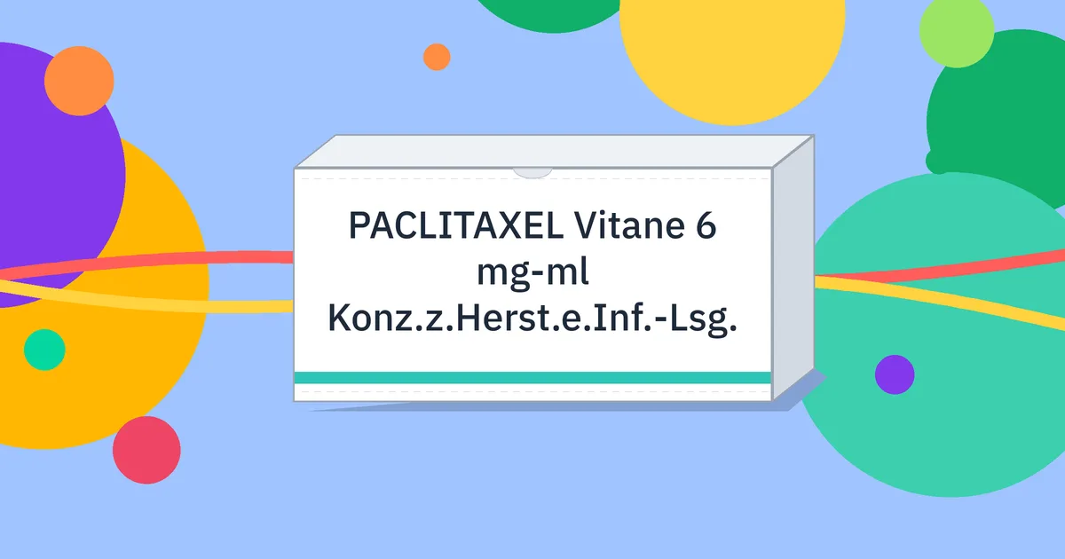 Symbolbild: Packung mit der Aufschrift PACLITAXEL Vitane 6 mg-ml Konz.z.Herst.e.Inf.-Lsg. (PZN 11058190) – Verfügbarkeit und Bezug in Apotheken in Frankfurt am Main