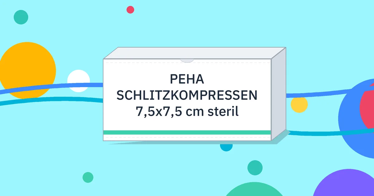 Symbolbild: Packung mit der Aufschrift PEHA SCHLITZKOMPRESSEN 7,5x7,5 cm steril (PZN 20016345) – Verfügbarkeit und Bezug in Apotheken in Frankfurt am Main