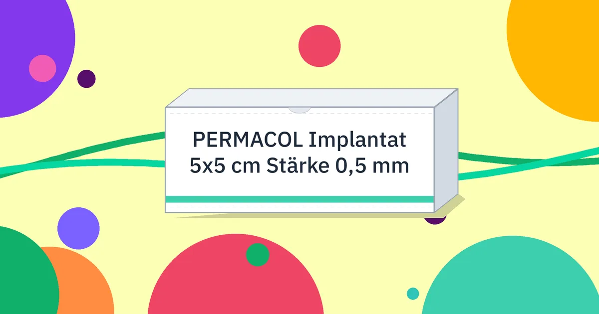 Symbolbild: Packung mit der Aufschrift PERMACOL Implantat 5x5 cm Stärke 0,5 mm (PZN 05869576) – Verfügbarkeit und Bezug in Apotheken in Frankfurt am Main
