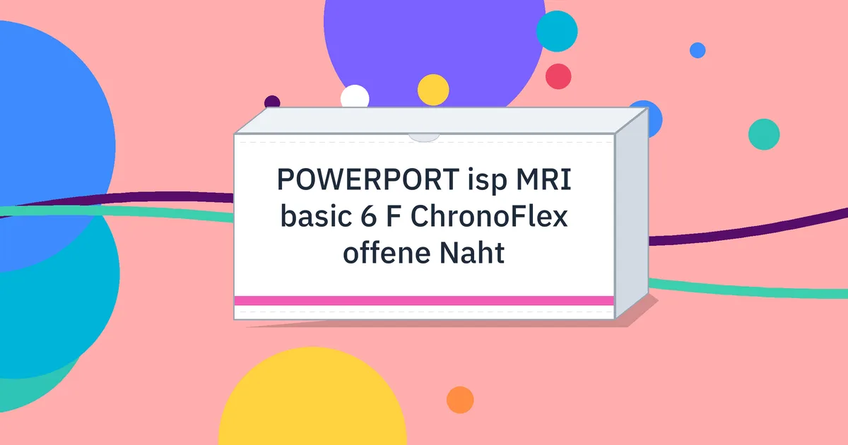 Symbolbild: Packung mit der Aufschrift POWERPORT isp MRI basic 6 F ChronoFlex offene Naht (PZN 09723645) – Verfügbarkeit und Bezug in Apotheken in Frankfurt am Main