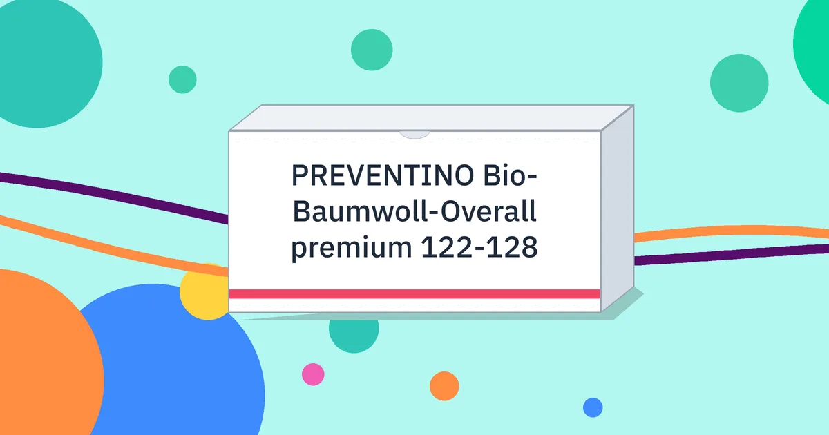 Symbolbild: Packung mit der Aufschrift PREVENTINO Bio-Baumwoll-Overall premium 122-128 (PZN 16895861) – Verfügbarkeit und Bezug in Apotheken in Frankfurt am Main
