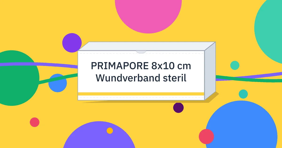 Symbolbild: Packung mit der Aufschrift PRIMAPORE 8x10 cm Wundverband steril (PZN 07738855) – Verfügbarkeit und Bezug in Apotheken in Frankfurt am Main