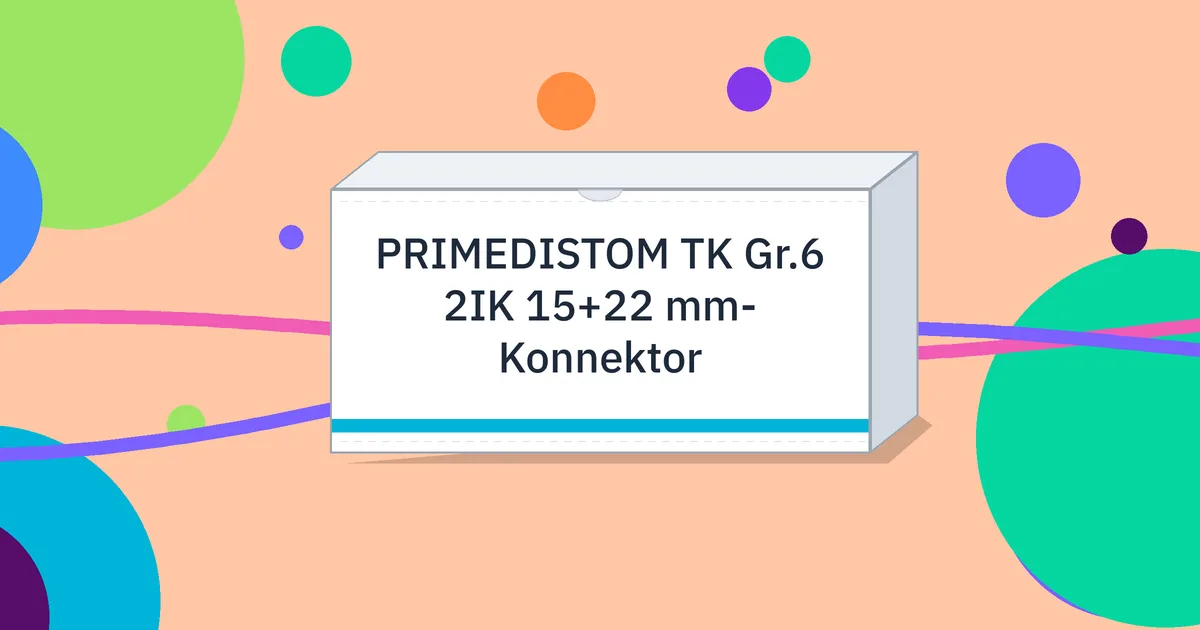Symbolbild: Packung mit der Aufschrift PRIMEDISTOM TK Gr.6 2IK 15+22 mm-Konnektor (PZN 10266236) – Verfügbarkeit und Bezug in Apotheken in Frankfurt am Main
