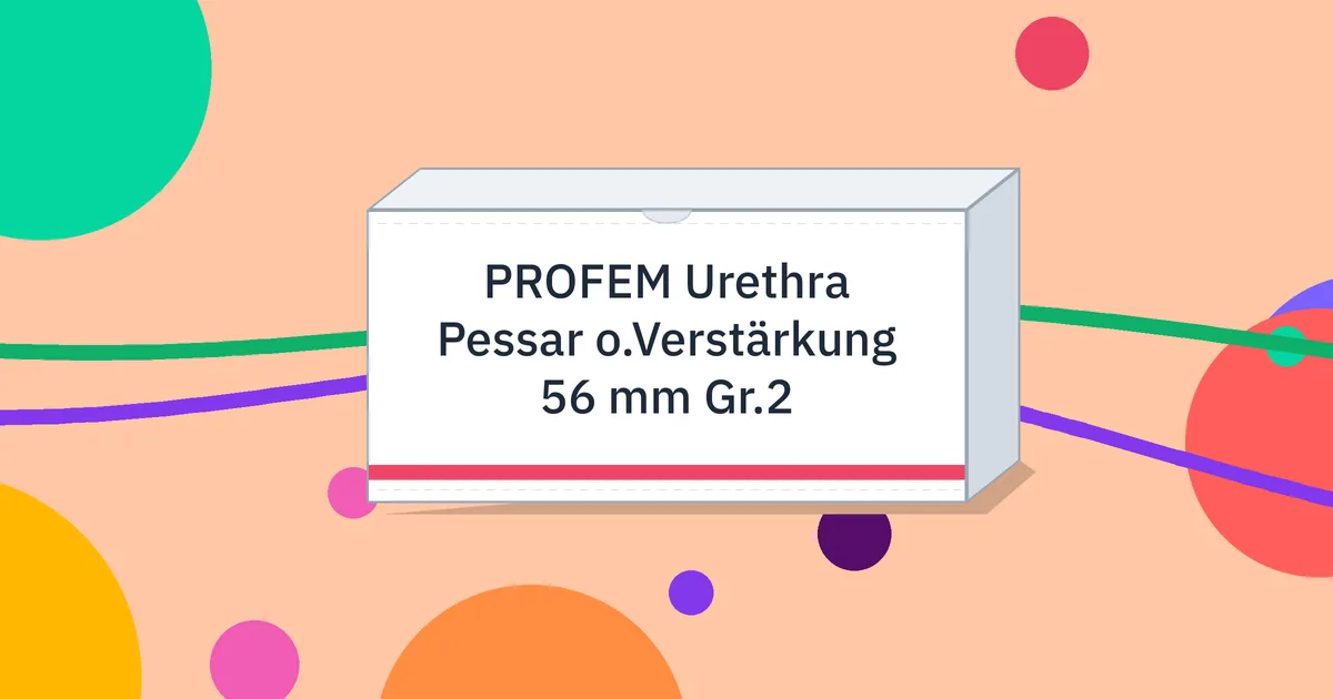 Symbolbild: Packung mit der Aufschrift PROFEM Urethra Pessar o.Verstärkung 56 mm Gr.2 (PZN 11673334) – Verfügbarkeit und Bezug in Apotheken in Frankfurt am Main