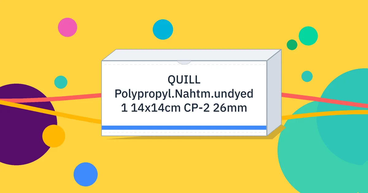 Symbolbild: Packung mit der Aufschrift QUILL Polypropyl.Nahtm.undyed 1 14x14cm CP-2 26mm (PZN 17989009) – Verfügbarkeit und Bezug in Apotheken in Frankfurt am Main