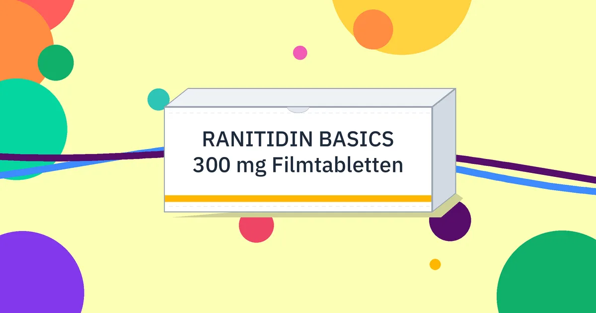 Symbolbild: Packung mit der Aufschrift RANITIDIN BASICS 300 mg Filmtabletten (PZN 07568005) – Verfügbarkeit und Bezug in Apotheken in Frankfurt am Main