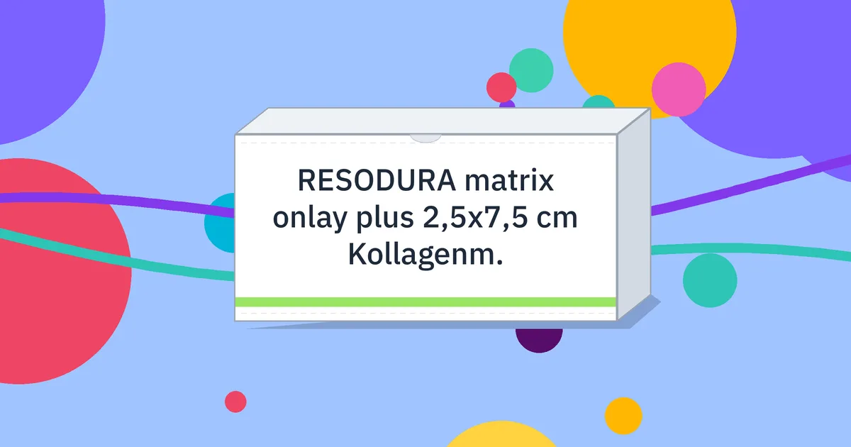 Symbolbild: Packung mit der Aufschrift RESODURA matrix onlay plus 2,5x7,5 cm Kollagenm. (PZN 14304117) – Verfügbarkeit und Bezug in Apotheken in Frankfurt am Main