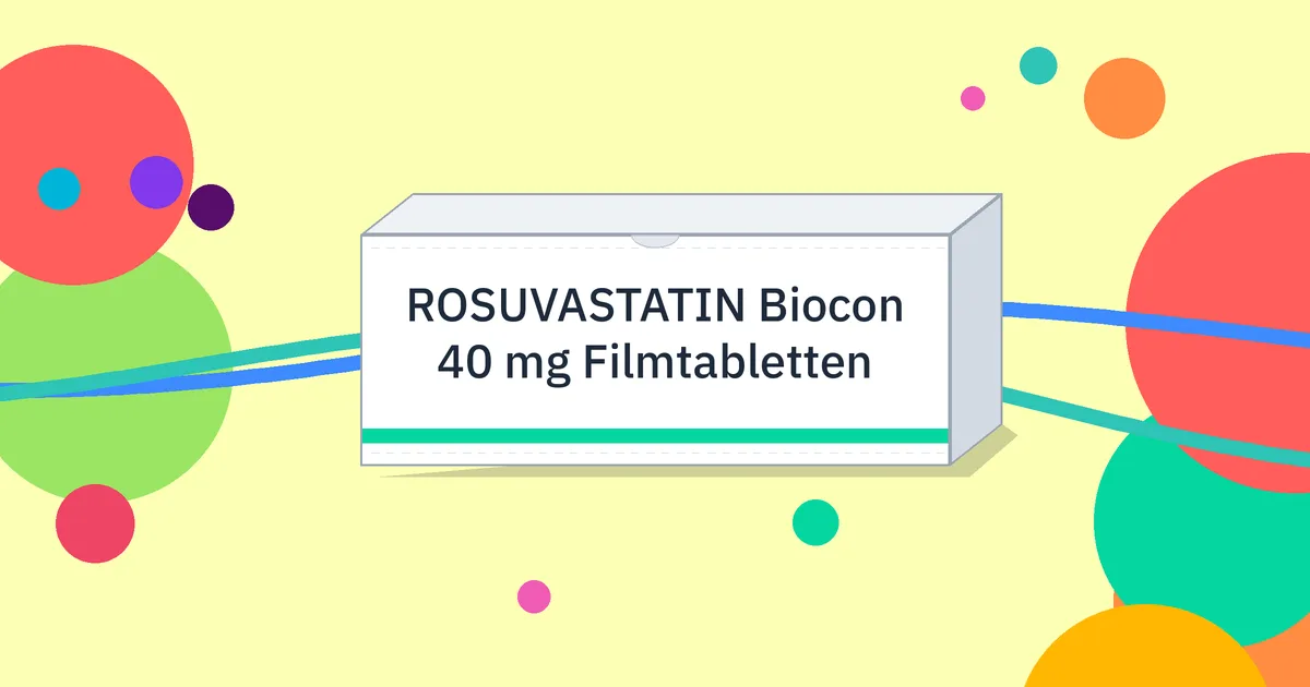 Symbolbild: Packung mit der Aufschrift ROSUVASTATIN Biocon 40 mg Filmtabletten (PZN 17857756) – Verfügbarkeit und Bezug in Apotheken in Frankfurt am Main