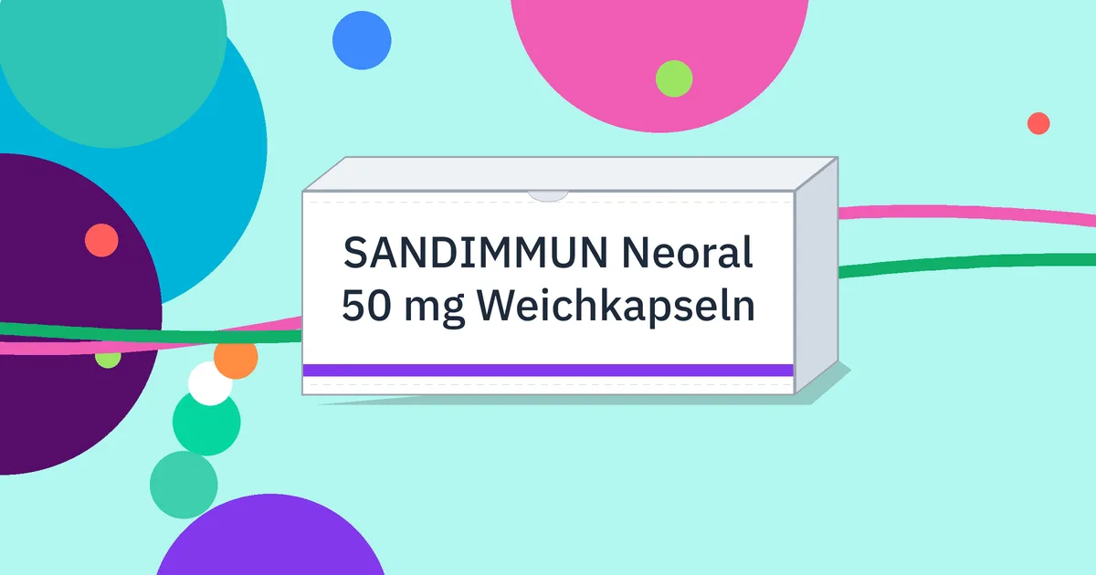 Symbolbild: Packung mit der Aufschrift SANDIMMUN Neoral 50 mg Weichkapseln (PZN 08763915) – Verfügbarkeit und Bezug in Apotheken in Frankfurt am Main