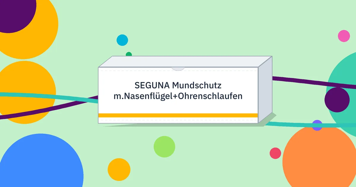 Symbolbild: Packung mit der Aufschrift SEGUNA Mundschutz m.Nasenflügel+Ohrenschlaufen (PZN 13584534) – Verfügbarkeit und Bezug in Apotheken in Frankfurt am Main