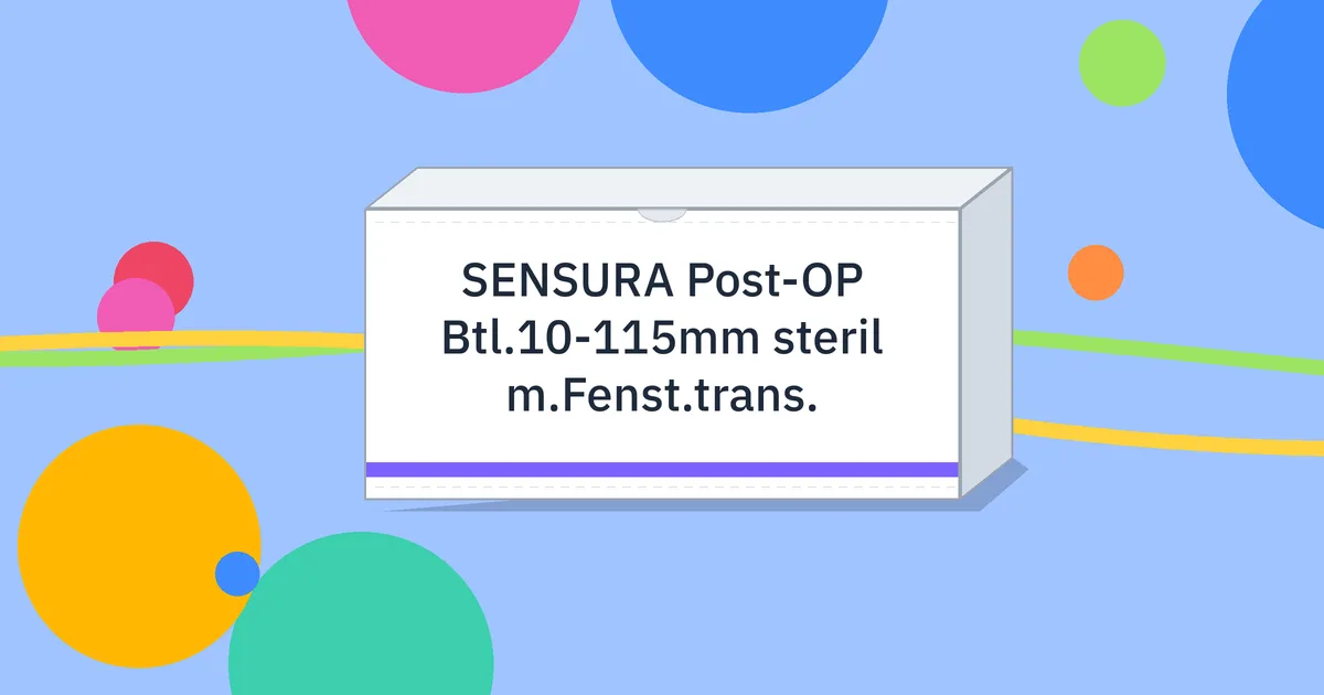 Symbolbild: Packung mit der Aufschrift SENSURA Post-OP Btl.10-115mm steril m.Fenst.trans. (PZN 07790695) – Verfügbarkeit und Bezug in Apotheken in Frankfurt am Main