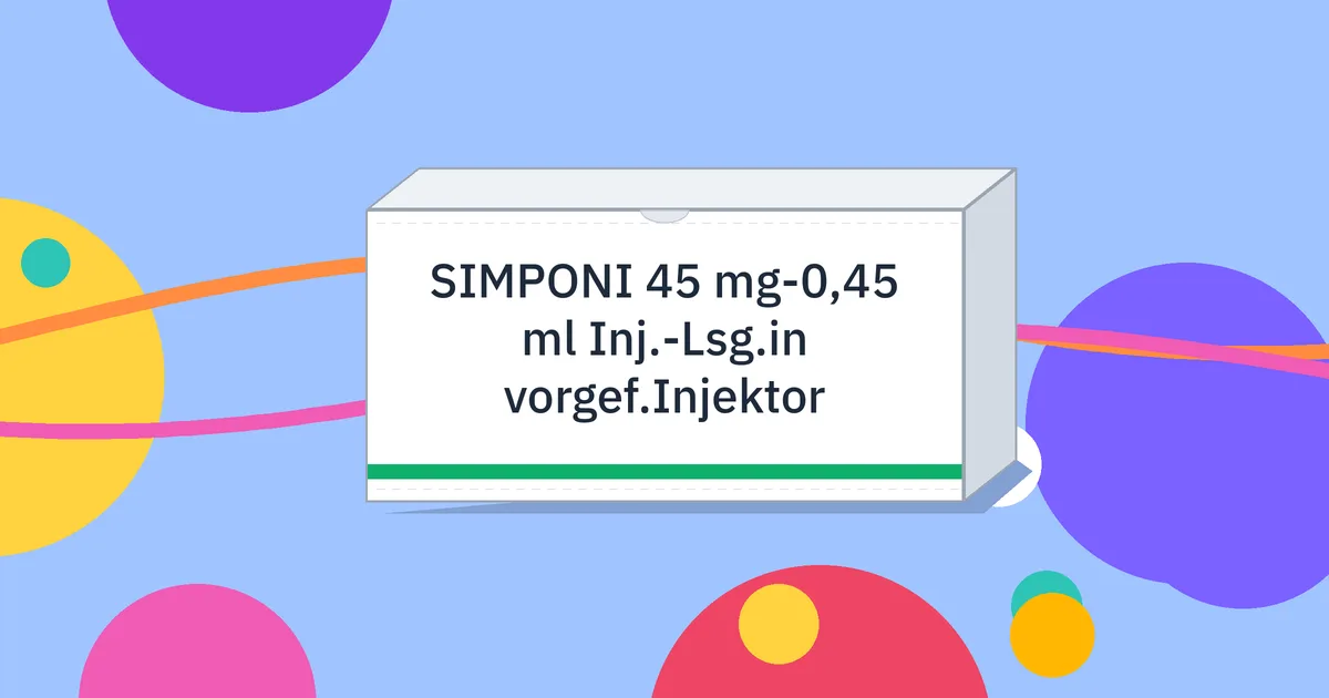 Symbolbild: Packung mit der Aufschrift SIMPONI 45 mg-0,45 ml Inj.-Lsg.in vorgef.Injektor (PZN 15405286) – Verfügbarkeit und Bezug in Apotheken in Frankfurt am Main