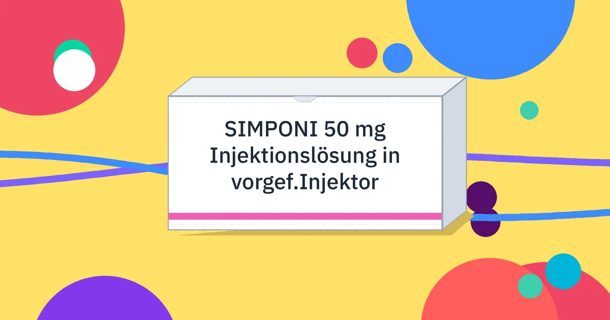 Symbolbild: Packung mit der Aufschrift SIMPONI 50 mg Injektionslösung in vorgef.Injektor (PZN 07773490) – Verfügbarkeit und Bezug in Apotheken in Frankfurt am Main