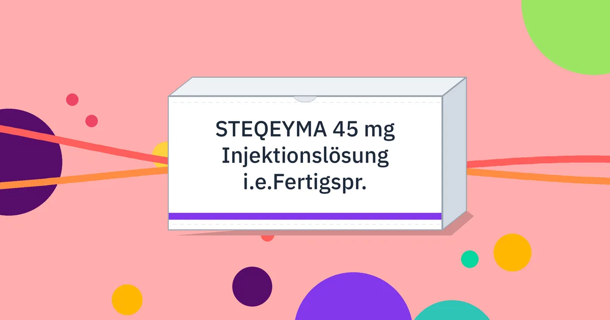 Symbolbild: Packung mit der Aufschrift STEQEYMA 45 mg Injektionslösung i.e.Fertigspr. (PZN 19825312) – Verfügbarkeit und Bezug in Apotheken in Frankfurt am Main