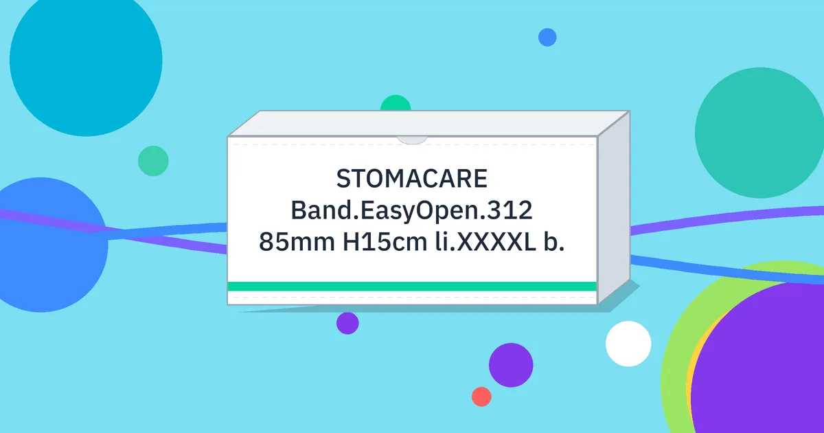 Symbolbild: Packung mit der Aufschrift STOMACARE Band.EasyOpen.312 85mm H15cm li.XXXXL b. (PZN 09437916) – Verfügbarkeit und Bezug in Apotheken in Frankfurt am Main