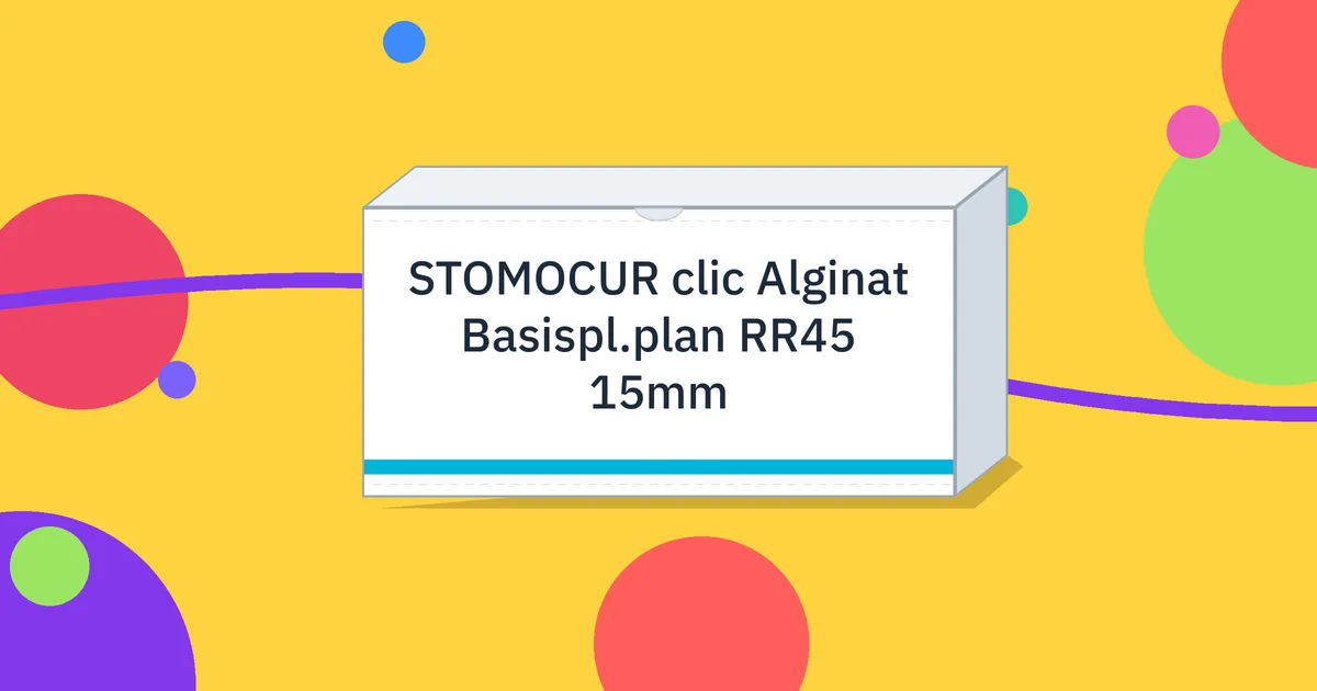 Symbolbild: Packung mit der Aufschrift STOMOCUR clic Alginat Basispl.plan RR45 15mm (PZN 18759085) – Verfügbarkeit und Bezug in Apotheken in Frankfurt am Main
