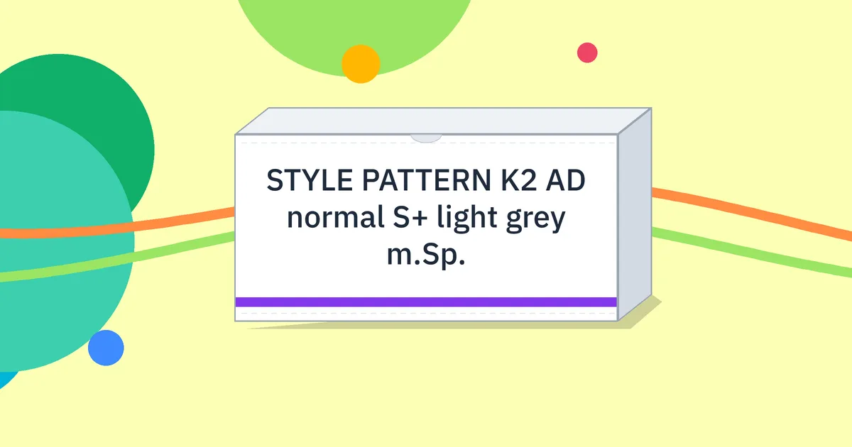 Symbolbild: Packung mit der Aufschrift STYLE PATTERN K2 AD normal S+ light grey m.Sp. (PZN 19695080) – Verfügbarkeit und Bezug in Apotheken in Frankfurt am Main