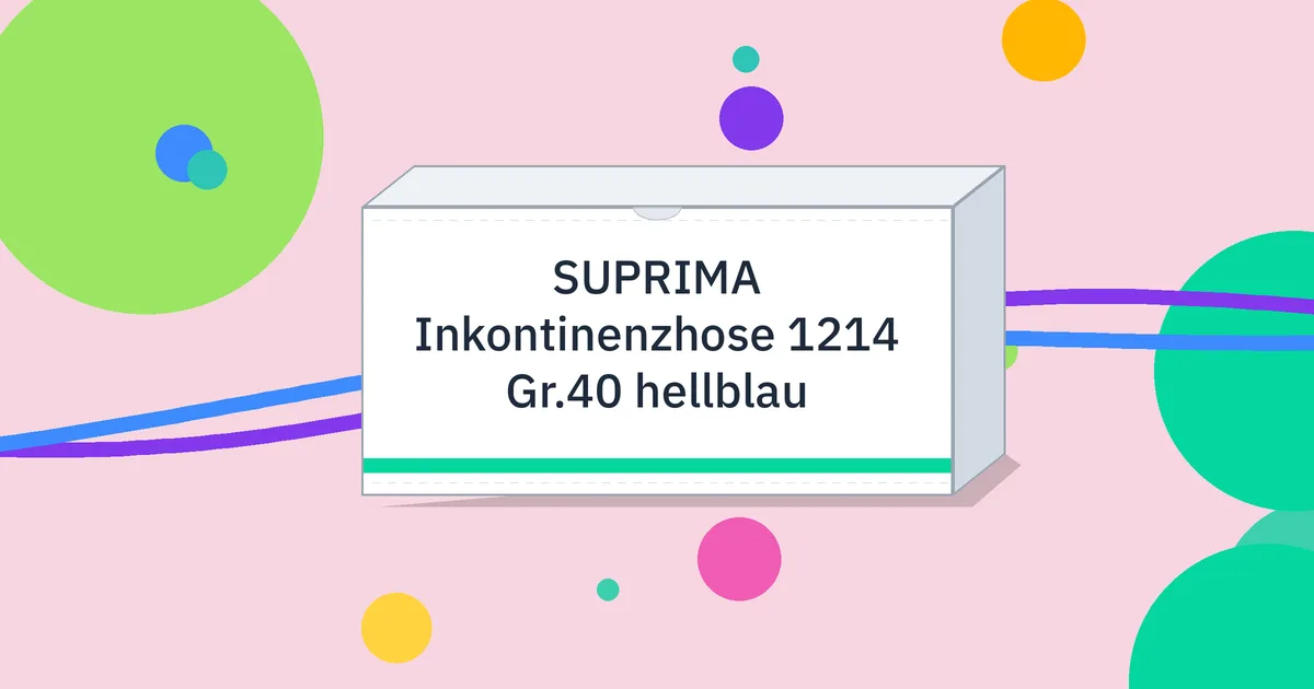 Symbolbild: Packung mit der Aufschrift SUPRIMA Inkontinenzhose 1214 Gr.40 hellblau (PZN 03027442) – Verfügbarkeit und Bezug in Apotheken in Frankfurt am Main