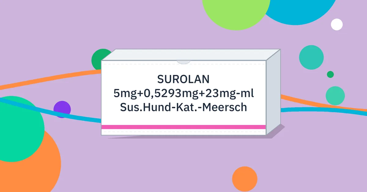 Symbolbild: Packung mit der Aufschrift SUROLAN 5mg+0,5293mg+23mg-ml Sus.Hund-Kat.-Meersch (PZN 01854796) – Verfügbarkeit und Bezug in Apotheken in Frankfurt am Main