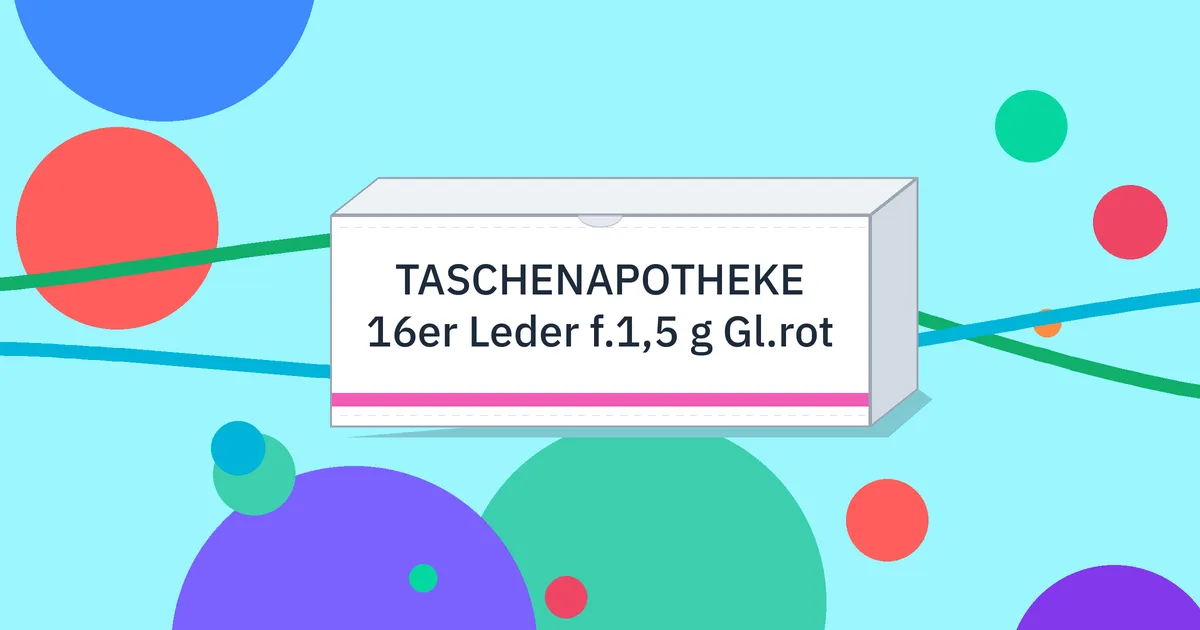 Symbolbild: Packung mit der Aufschrift TASCHENAPOTHEKE 16er Leder f.1,5 g Gl.rot (PZN 10245777) – Verfügbarkeit und Bezug in Apotheken in Frankfurt am Main