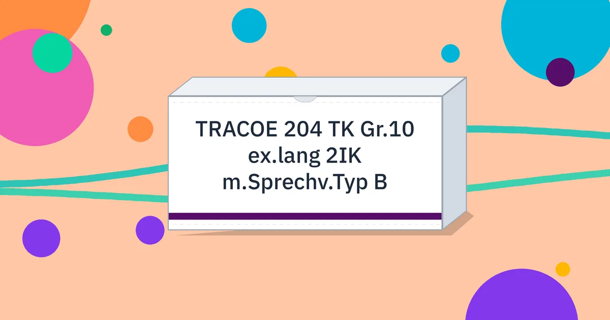 Symbolbild: Packung mit der Aufschrift TRACOE 204 TK Gr.10 ex.lang 2IK m.Sprechv.Typ B (PZN 02719095) – Verfügbarkeit und Bezug in Apotheken in Frankfurt am Main