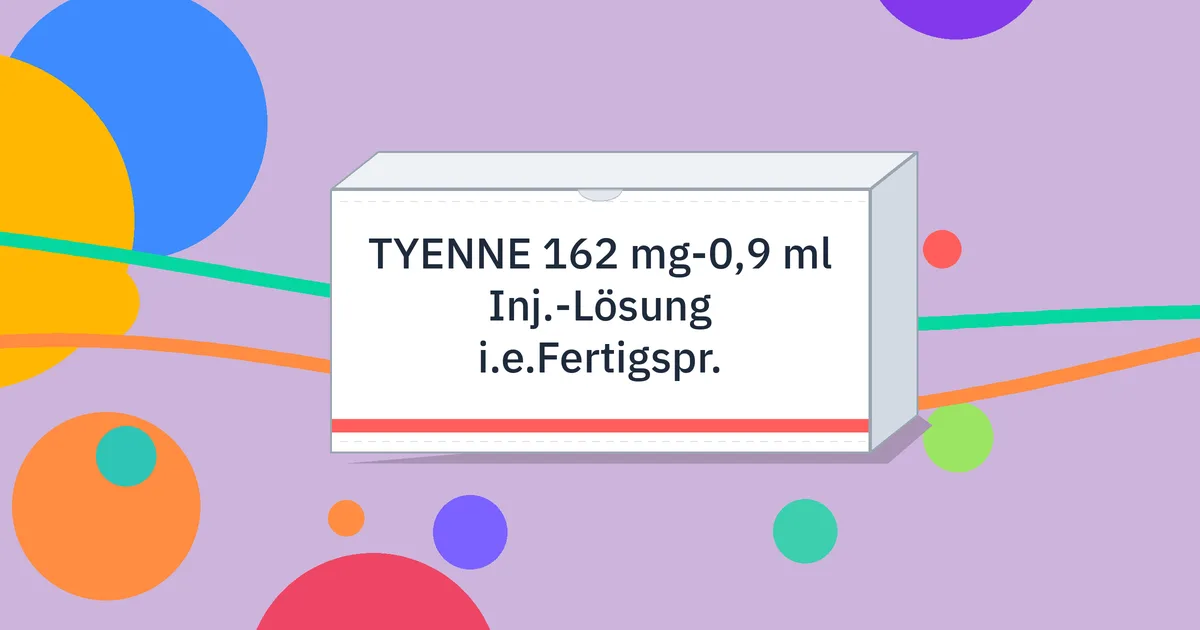 Symbolbild: Packung mit der Aufschrift TYENNE 162 mg-0,9 ml Inj.-Lösung i.e.Fertigspr. (PZN 19381016) – Verfügbarkeit und Bezug in Apotheken in Frankfurt am Main