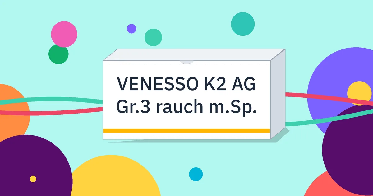 Symbolbild: Packung mit der Aufschrift VENESSO K2 AG Gr.3 rauch m.Sp. (PZN 03275163) – Verfügbarkeit und Bezug in Apotheken in Frankfurt am Main