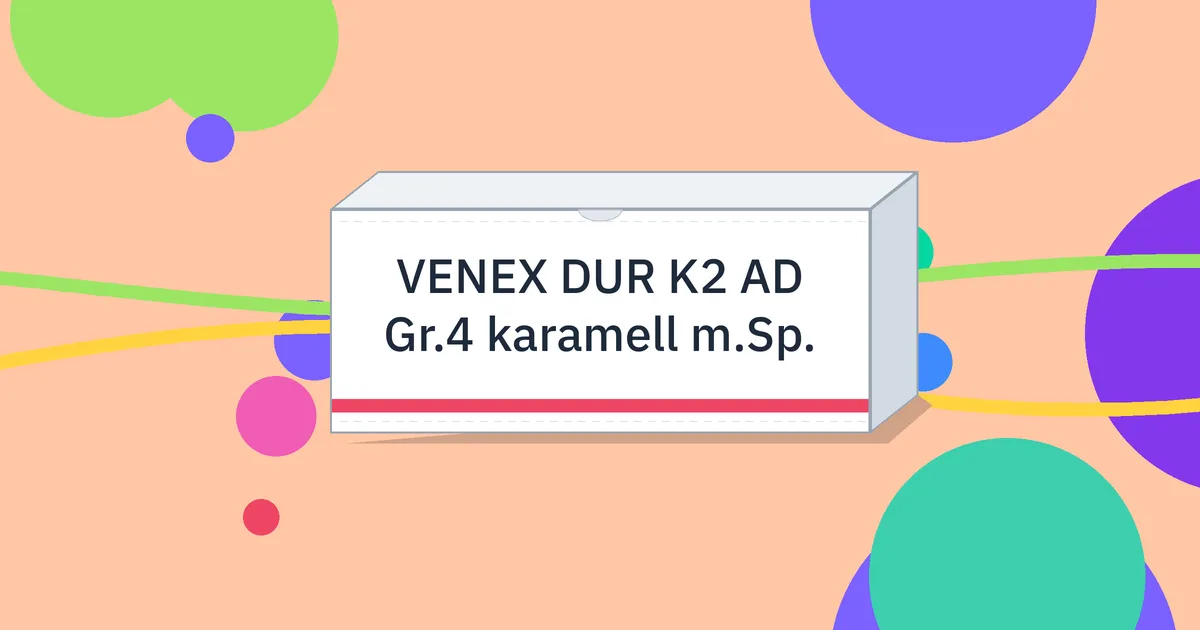 Symbolbild: Packung mit der Aufschrift VENEX DUR K2 AD Gr.4 karamell m.Sp. (PZN 13757377) – Verfügbarkeit und Bezug in Apotheken in Frankfurt am Main