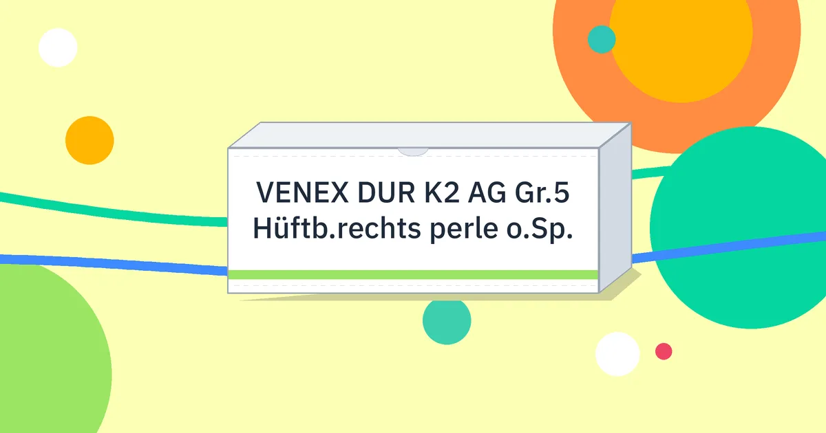 Symbolbild: Packung mit der Aufschrift VENEX DUR K2 AG Gr.5 Hüftb.rechts perle o.Sp. (PZN 03231674) – Verfügbarkeit und Bezug in Apotheken in Frankfurt am Main