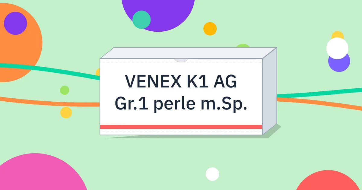 Symbolbild: Packung mit der Aufschrift VENEX K1 AG Gr.1 perle m.Sp. (PZN 03186790) – Verfügbarkeit und Bezug in Apotheken in Frankfurt am Main