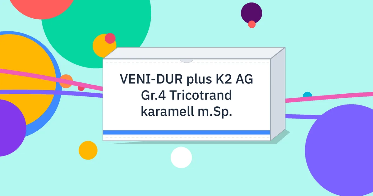 Symbolbild: Packung mit der Aufschrift VENI-DUR plus K2 AG Gr.4 Tricotrand karamell m.Sp. (PZN 13762562) – Verfügbarkeit und Bezug in Apotheken in Frankfurt am Main